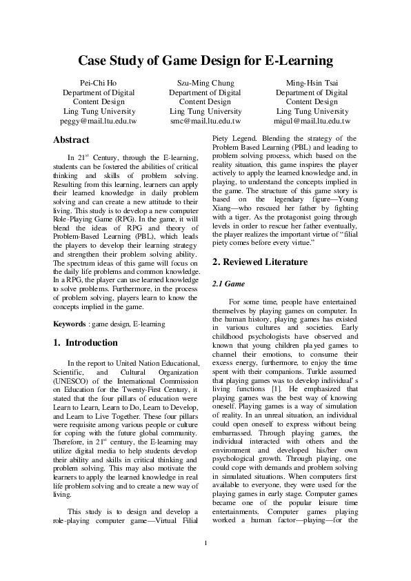 (PDF) A Case Study of Game Design for E-Learning