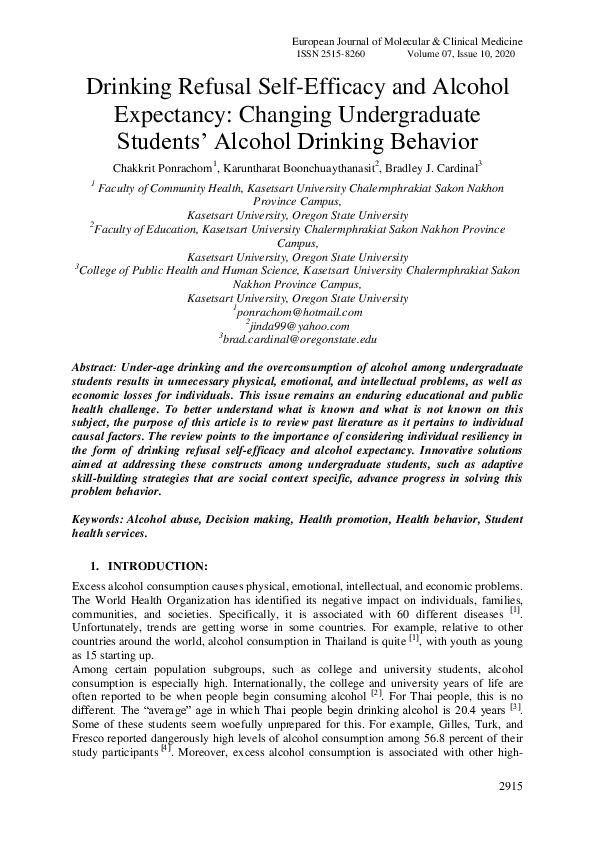 (PDF) Drinking Refusal Self-Efficacy and Alcohol Expectancy: Changing ...