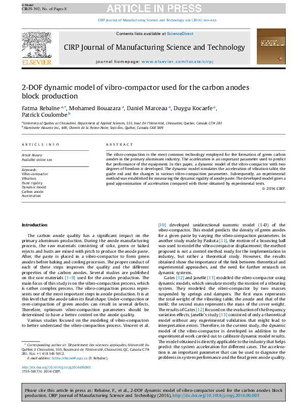 (PDF) Dynamic 2-DOF Model for Vibro-Compactor in Anode Production