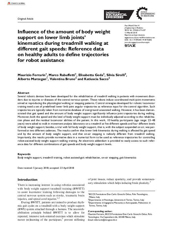 (PDF) Influence of the amount of body weight support on lower limb joints’ kinematics during ...