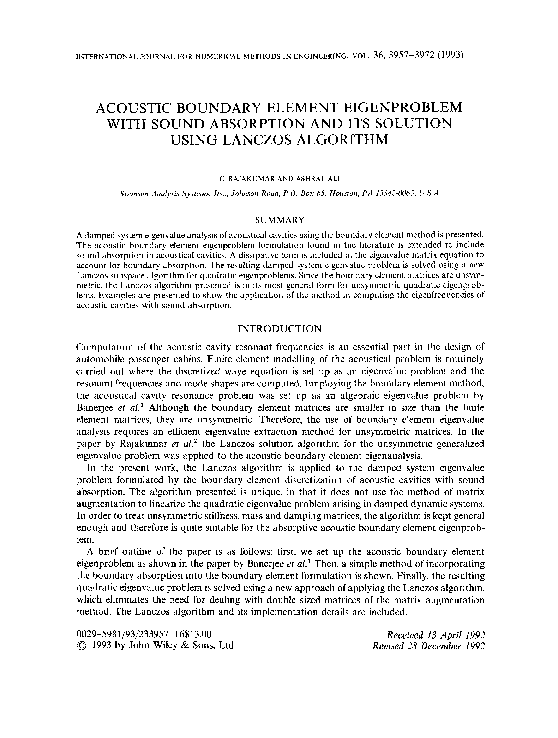 Pdf Acoustic Boundary Element Eigenproblem With Sound Absorption And Its Solution Using