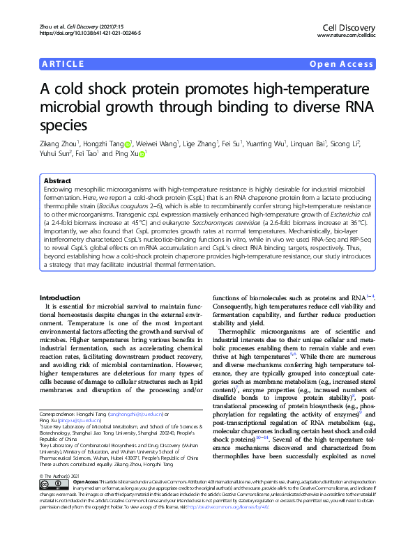 (PDF) Cold Shock Protein Enhances High-Temperature Microbial Growth