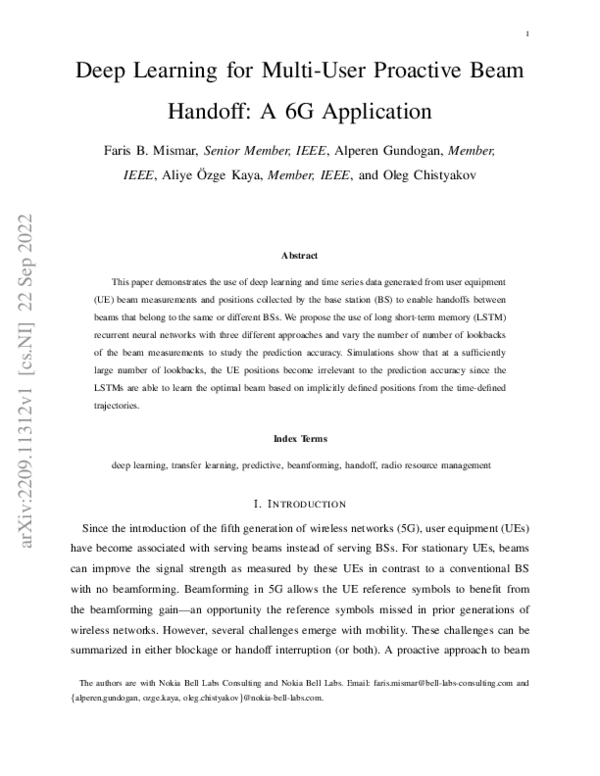 (PDF) Deep Learning for Multi-User Proactive Beam Handoff: A 6G Application