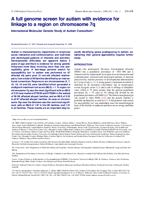 (PDF) A full genome screen for autism with evidence for linkage to a ...