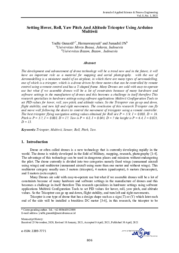 Pdf Setting Hover Roll Yaw Pitch And Altitude Tricopter Using Arduino Multiwii