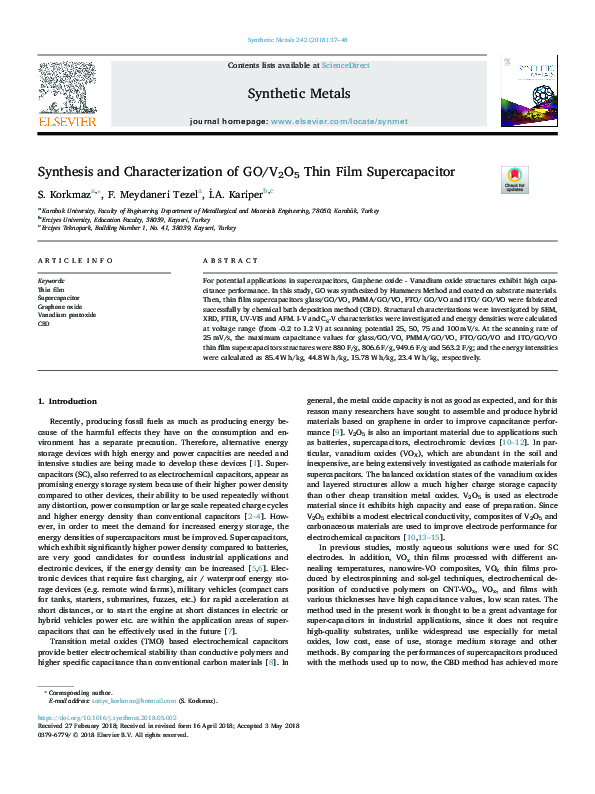 (PDF) Synthesis and Characterization of GO/V 2 O 5 Thin Film Supercapacitor