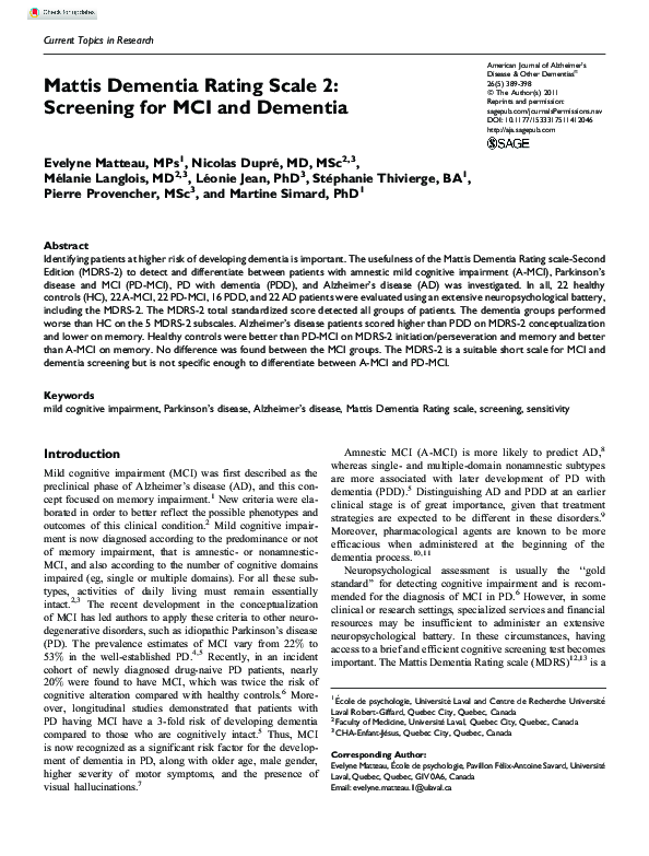 (PDF) Mattis Dementia Rating Scale 2