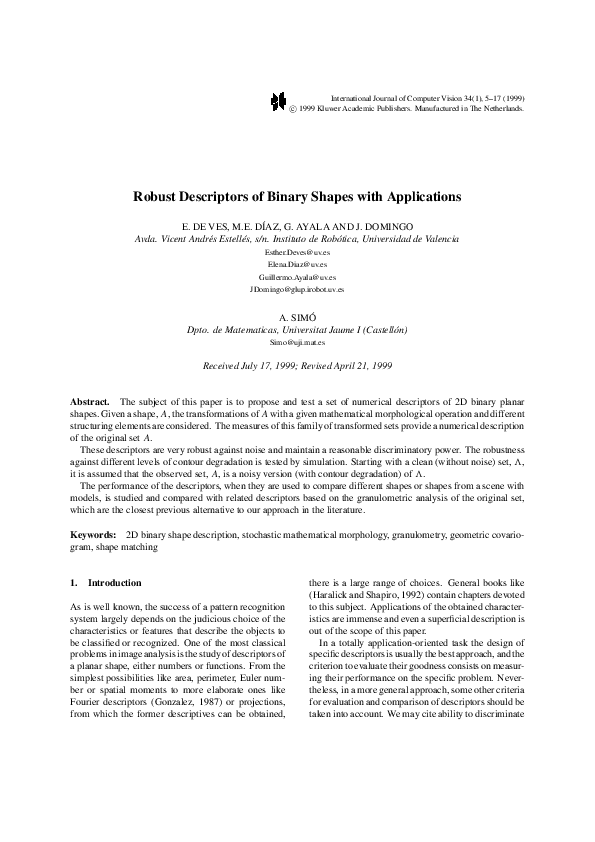 Robust descriptors of binary shapes with applications