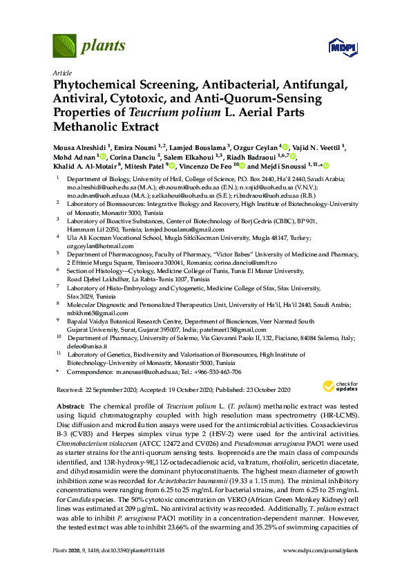 (PDF) Phytochemical Screening, Antibacterial, Antifungal, Antiviral, Cytotoxic, and Anti-Quorum ...