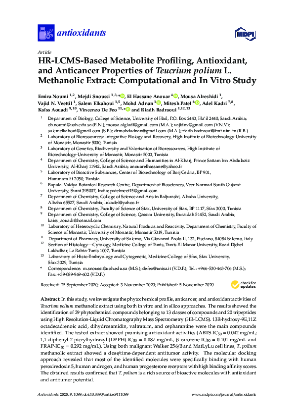 (PDF) HR-LCMS-Based Metabolite Profiling, Antioxidant, and Anticancer ...