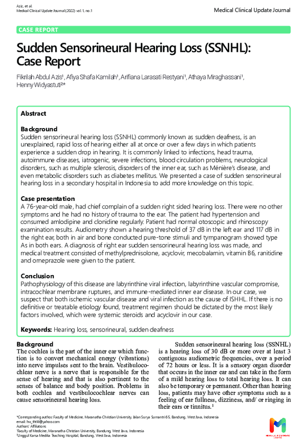 (PDF) Sudden Sensorineural Hearing Loss (SSNHL): Case Report