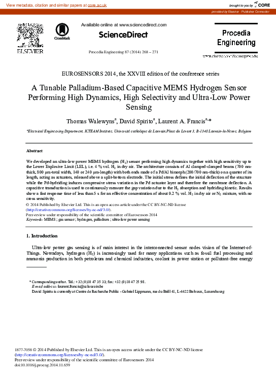(PDF) A Tunable Palladium-based Capacitive MEMS Hydrogen Sensor Performing High Dynamics, High ...