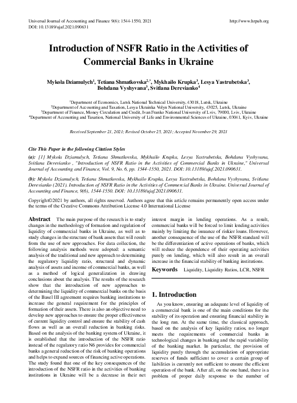 (PDF) Introduction of NSFR Ratio in the Activities of Commercial Banks ...