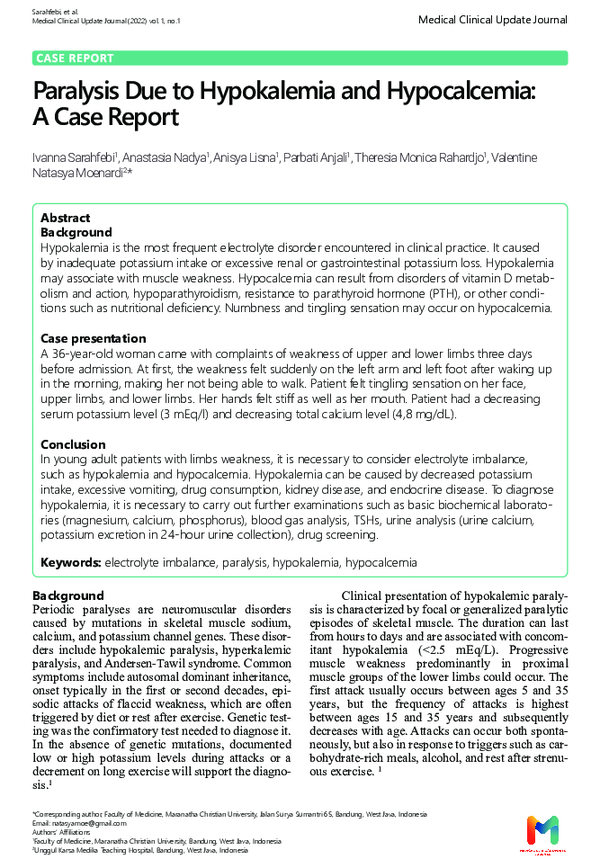 (PDF) Paralysis Due to Hypokalemia and Hypocalcemia: A Case Report ...