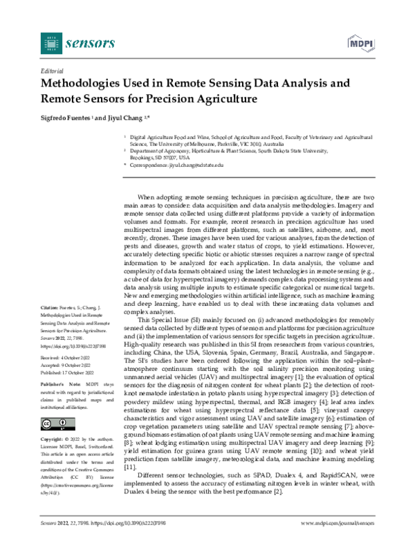 (PDF) Methodologies Used in Remote Sensing Data Analysis and Remote Sensors for Precision ...
