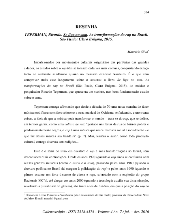 (PDF) TEPERMAN, Ricardo. Se liga no som. As transformações do rap no ...