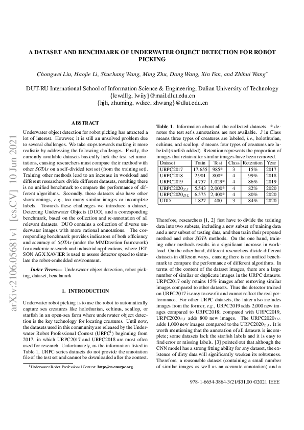 Pdf A Dataset And Benchmark Of Underwater Object Detection For Robot