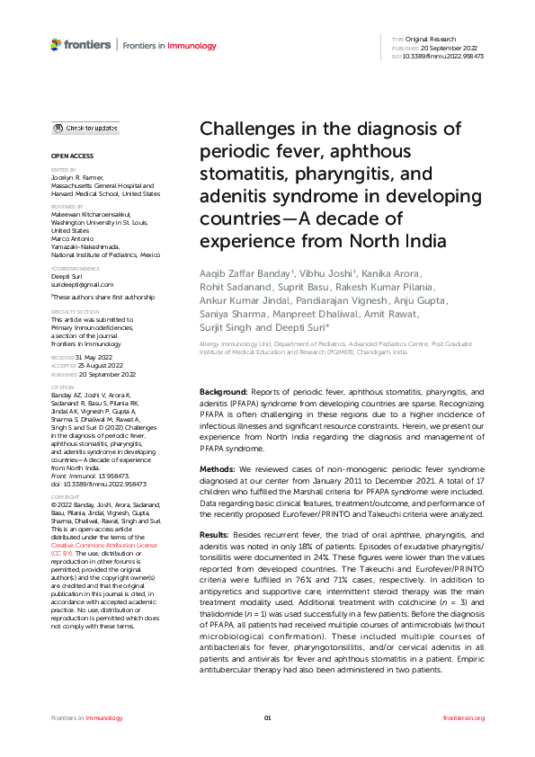 (PDF) Challenges in the diagnosis of periodic fever, aphthous ...