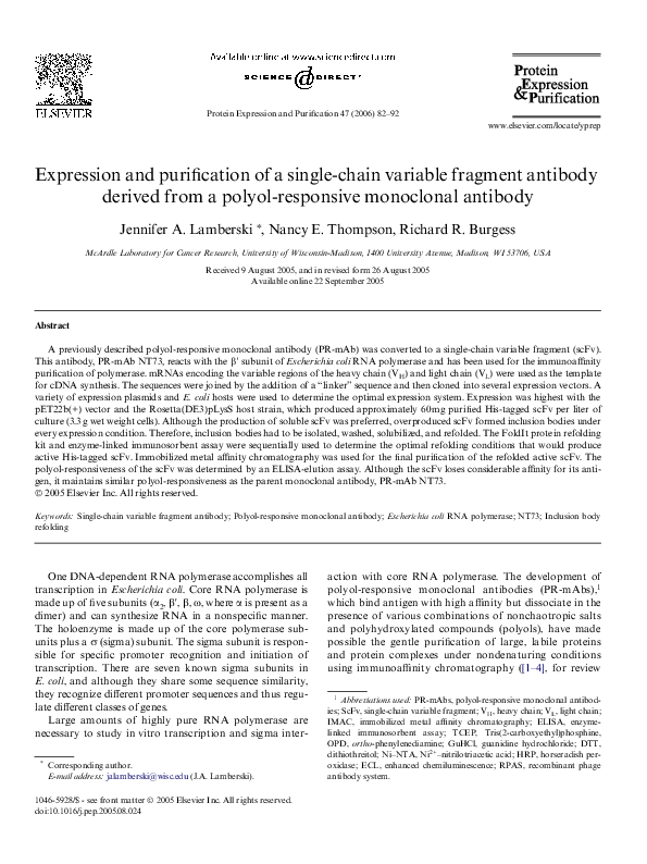 (PDF) Expression and purification of a single-chain variable fragment ...