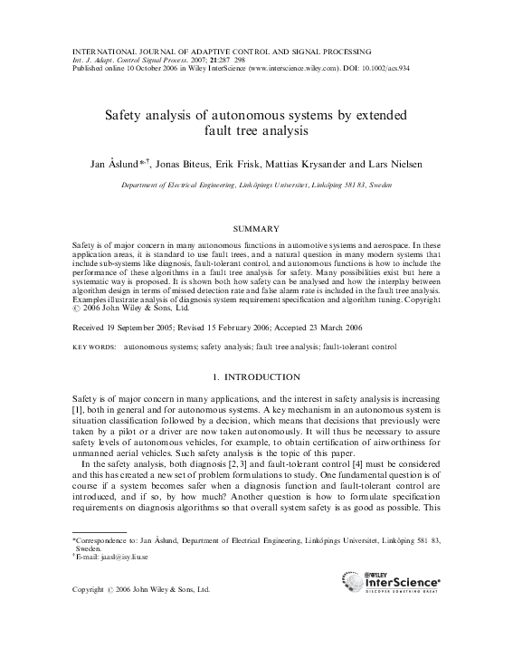 (PDF) Safety analysis of autonomous systems by extended fault tree analysis