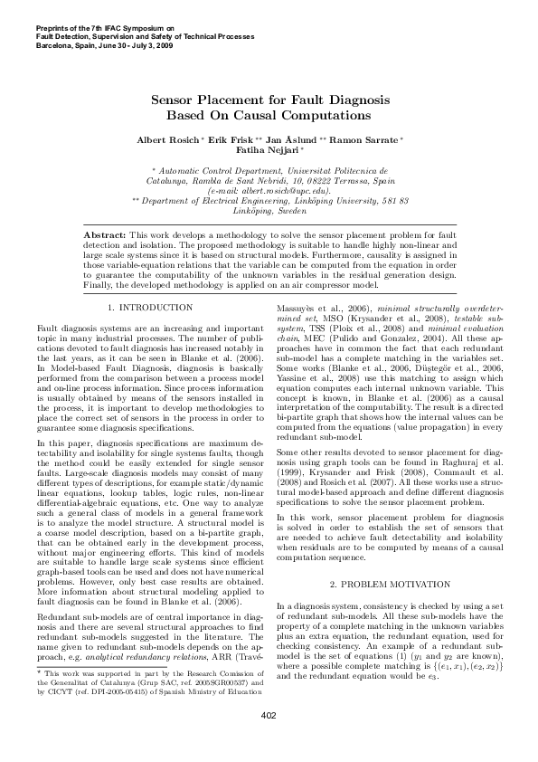 Pdf Sensor Placement For Fault Diagnosis Based On Causal Computations