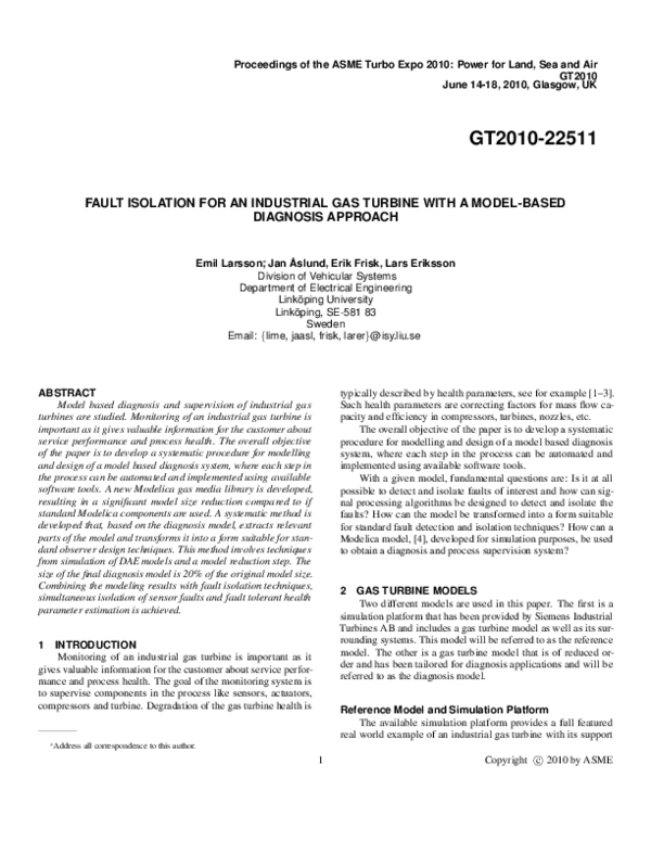 Pdf Fault Isolation For An Industrial Gas Turbine With A Model Based
