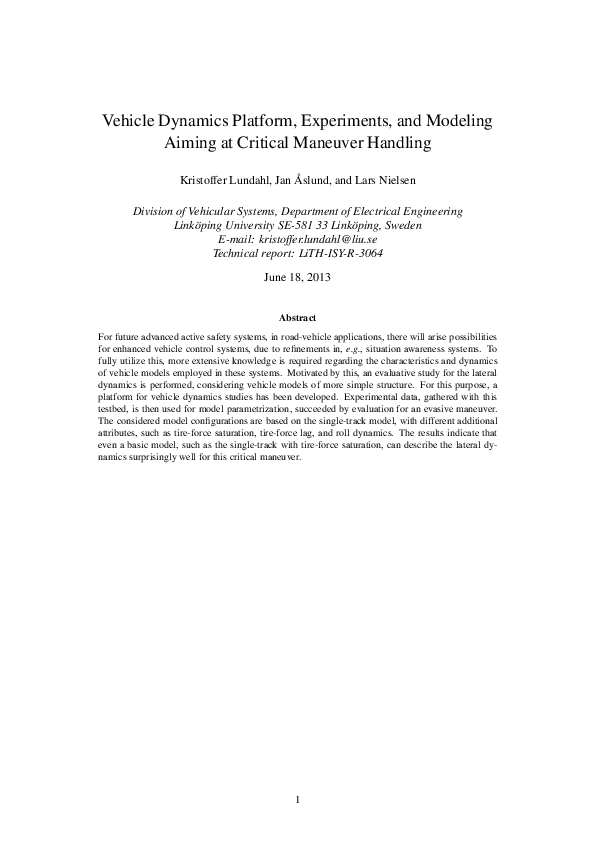 (PDF) Vehicle dynamics platform, experiments, and modeling aiming at critical maneuver handling