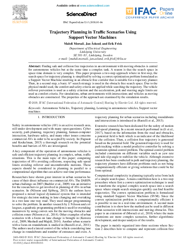 (PDF) Trajectory Planning in Traffic Scenarios Using Support Vector ...