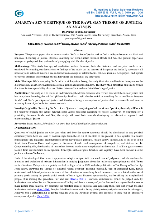 (PDF) Amartya Sen’s Critique of the Rawlsian Theory of Justice: An Analysis