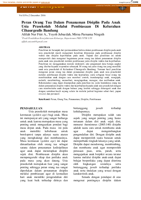 (PDF) Peran Orang Tua Dalam Penanaman Disiplin Pada Anak Usia Prasekolah Melalui Pembiasaan Di ...