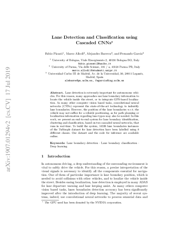 (PDF) Lane Detection and Classification Using Cascaded CNNs