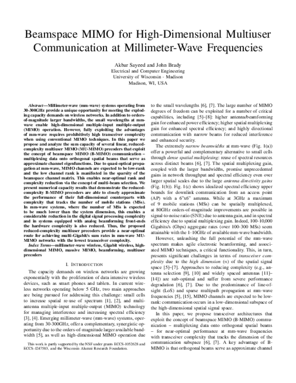 Pdf Beamspace Mimo For High Dimensional Multiuser Communication At Millimeter Wave Frequencies