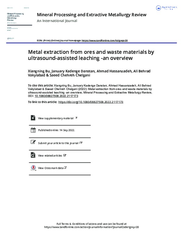 (PDF) Metal extraction from ores and waste materials by ultrasound ...