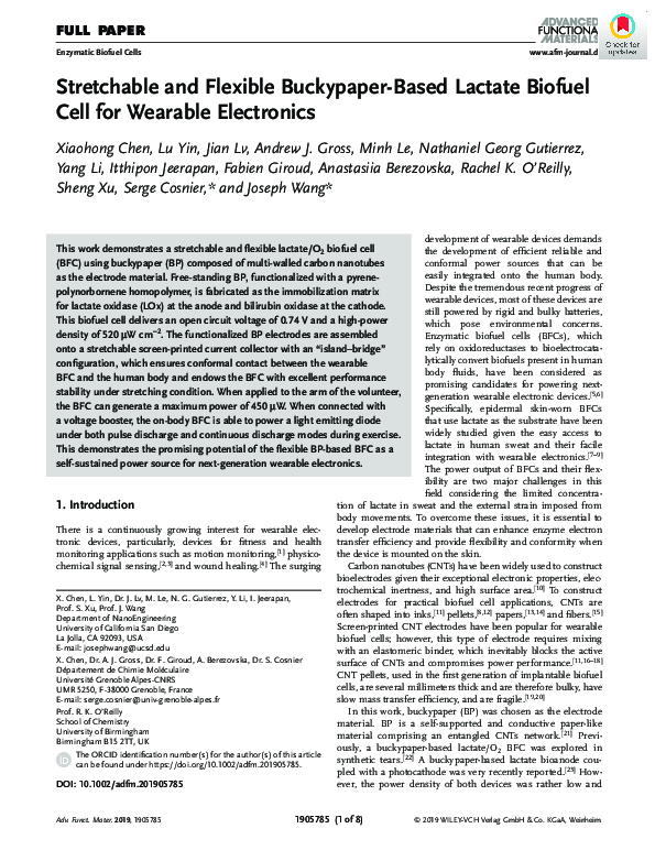 (PDF) Stretchable and Flexible Buckypaper‐Based Lactate Biofuel Cell for Wearable Electronics
