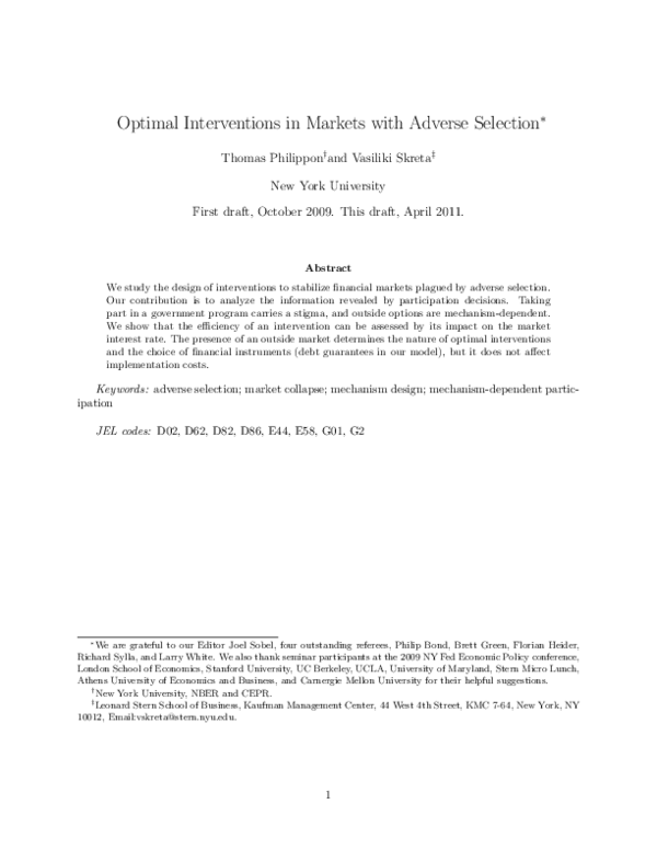 (PDF) Optimal Interventions in Markets with Adverse Selection | Thomas Philippon and Vasiliki ...