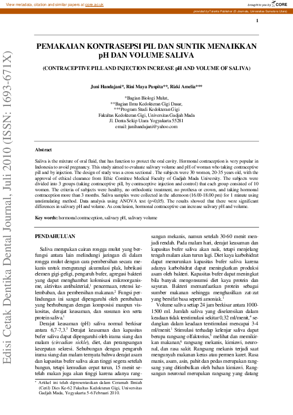 (PDF) PEMAKAIAN KONTRASEPSI PIL DAN SUNTIK MENAIKKAN pH DAN VOLUME SALIVA: CONTRACEPTIVE PILL ...