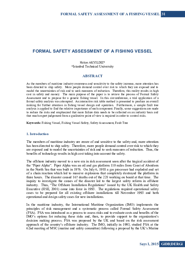 (PDF) FORMAL SAFETY ASSESSMENT OF A FISHING VESSEL 31 Sayı 1 , 2015 ...
