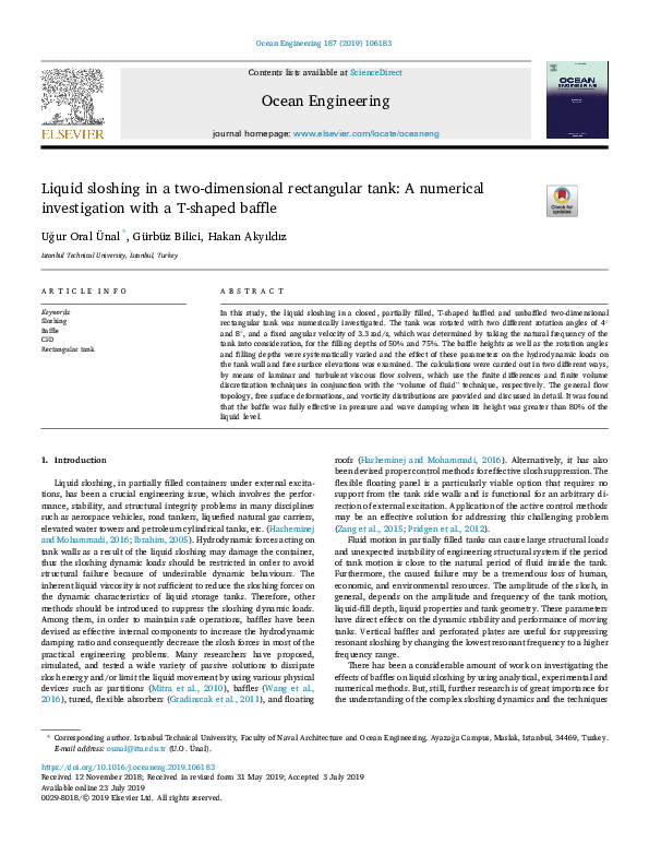 (PDF) Liquid sloshing in a two-dimensional rectangular tank: A numerical investigation with a T ...