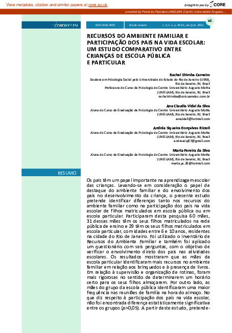 (PDF) Recursos Do Ambiente Familiar e Participação Dos Pais Na Vida Escolar