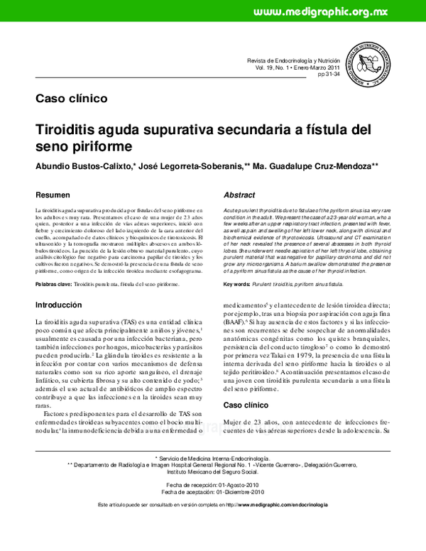 (PDF) Tiroiditis aguda supurativa secundaria a fístula del seno piriforme