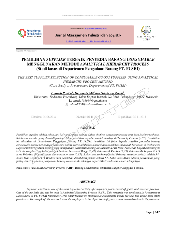 (PDF) PEMILIHAN SUPPLIER TERBAIK PENYEDIA BARANG CONSUMABLE MENGGUNAKAN ...
