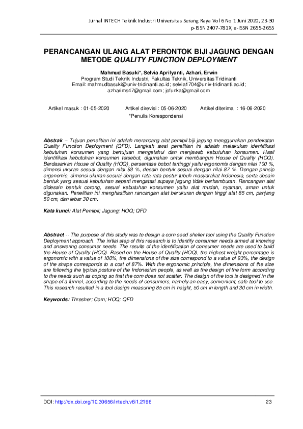 (PDF) Perancangan Ulang Alat Perontok Biji Jagung dengan Metode Quality Function Deployment