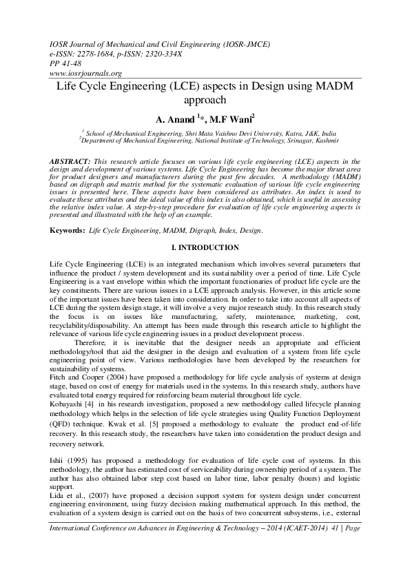 (PDF) Life Cycle Engineering ( LCE ) aspects in Design using MADM approach