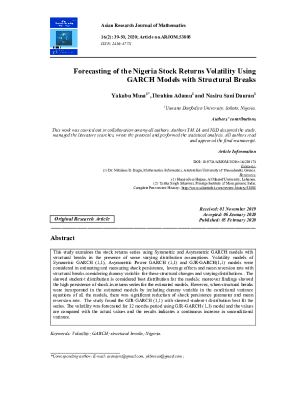 Pdf Forecasting Of The Nigeria Stock Returns Volatility Using Garch