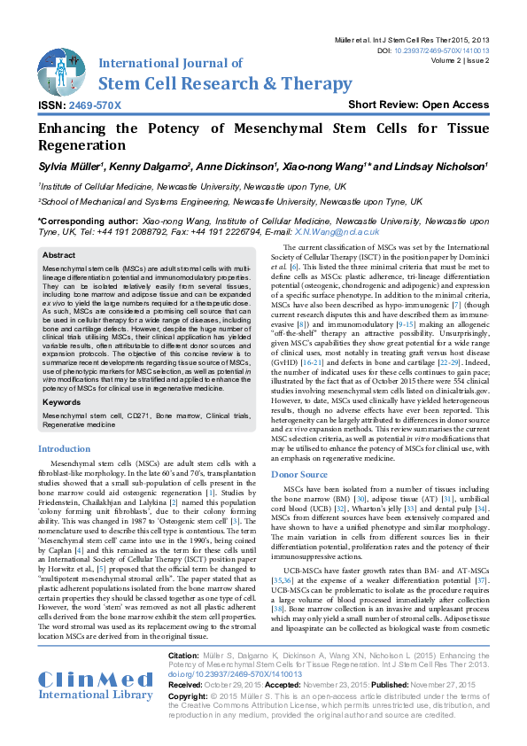 (PDF) Enhancing the Potency of Mesenchymal Stem Cells for Tissue Regeneration