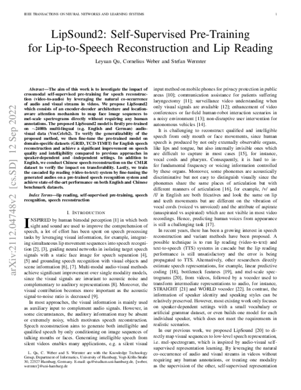 (PDF) LipSound2: Self-Supervised Pre-Training for Lip-to-Speech Reconstruction and Lip Reading
