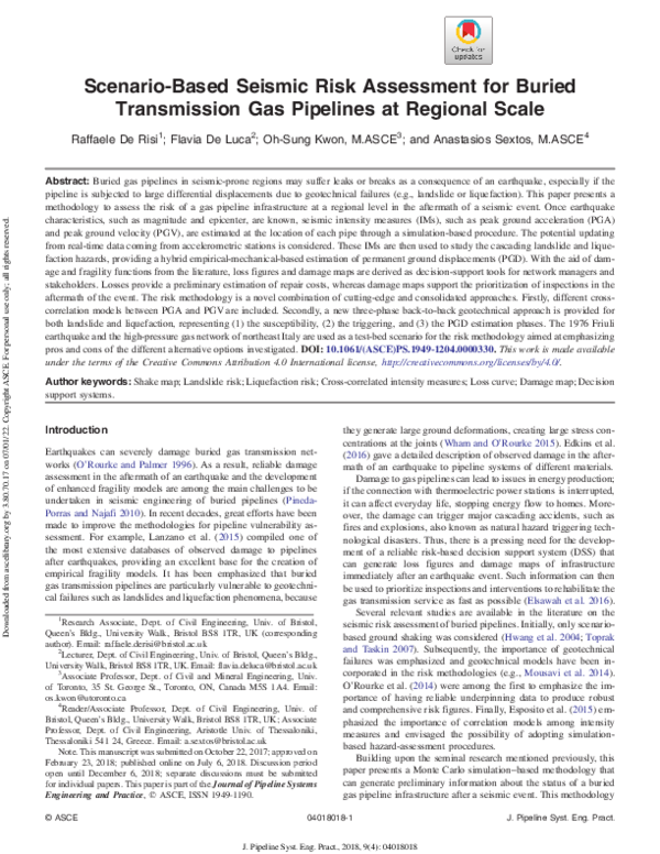 (PDF) Scenario-Based Seismic Risk Assessment for Buried Transmission Gas Pipelines at Regional Scale
