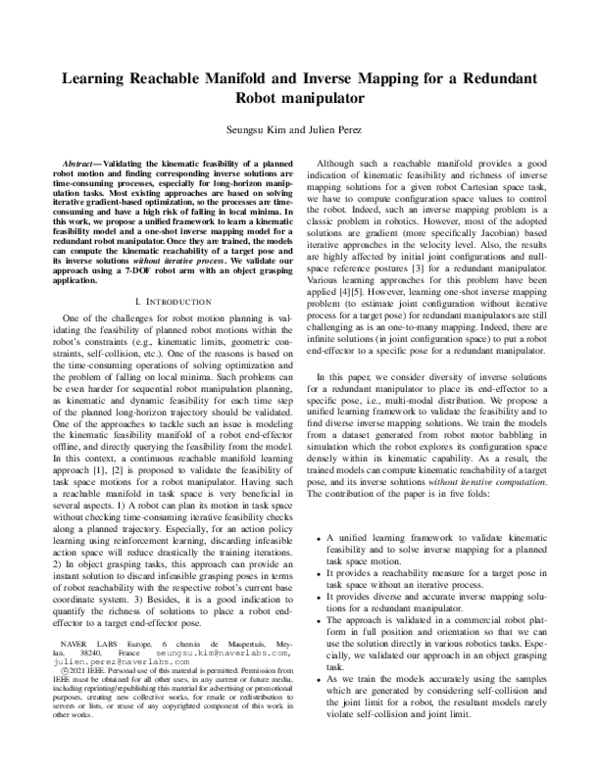 (PDF) Learning Reachable Manifold and Inverse Mapping for a Redundant Robot manipulator
