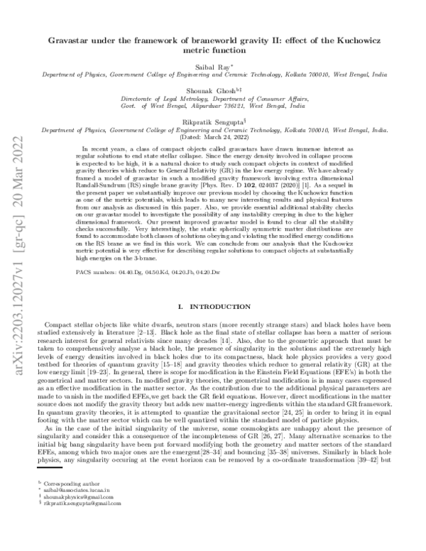(PDF) Gravastar under the framework of braneworld gravity II: effect of ...