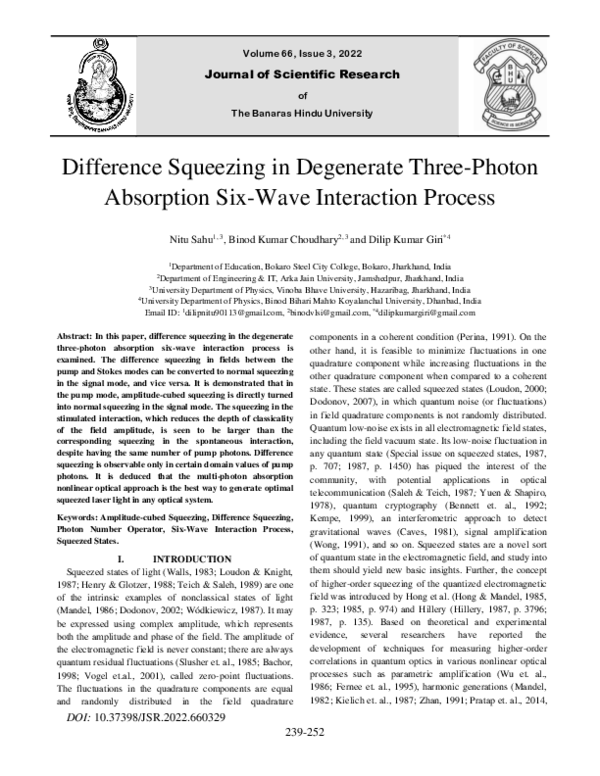 (PDF) Difference Squeezing in Degenerate Three-Photon Absorption Six ...